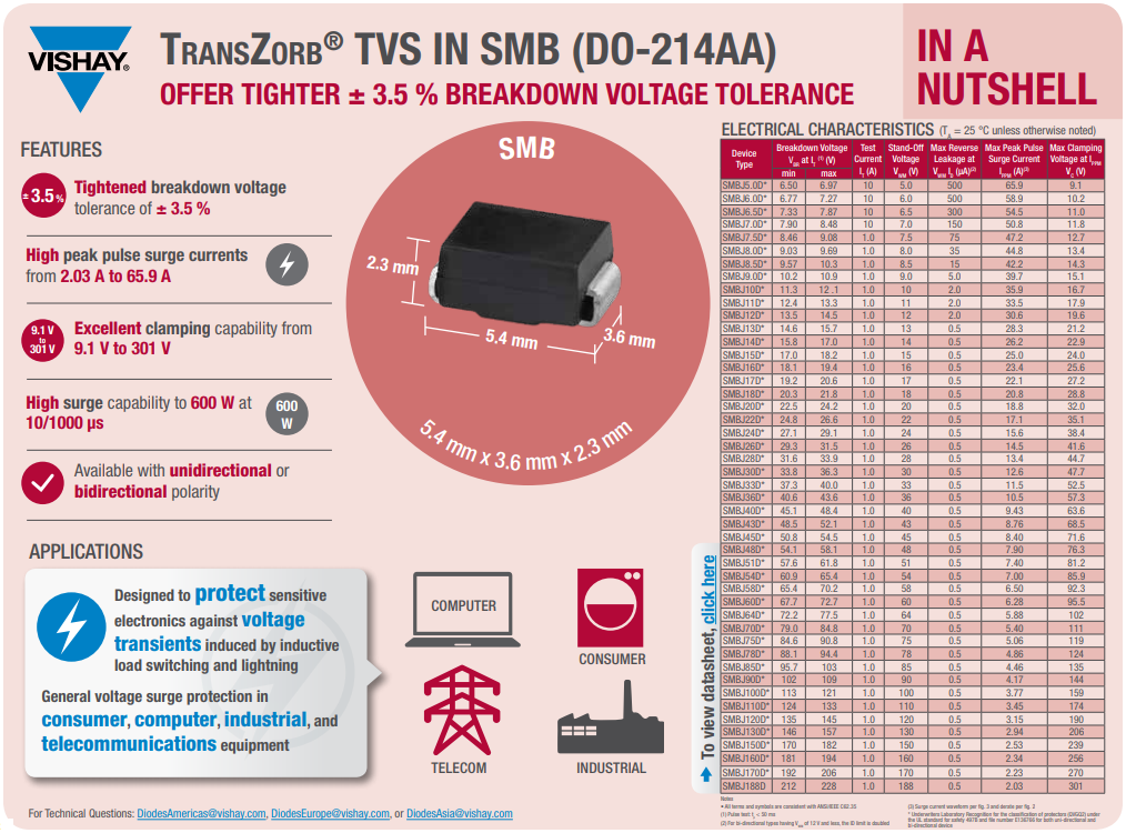 SMBJxxD 系列 TVS - Vishay General Semiconductor | Mouser