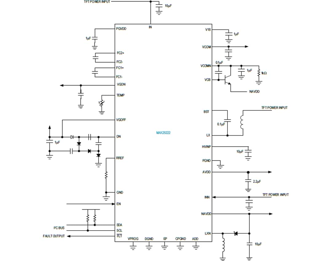 MAX25222汽车级4通道TFT-LCD电源IC - ADI | Mouser