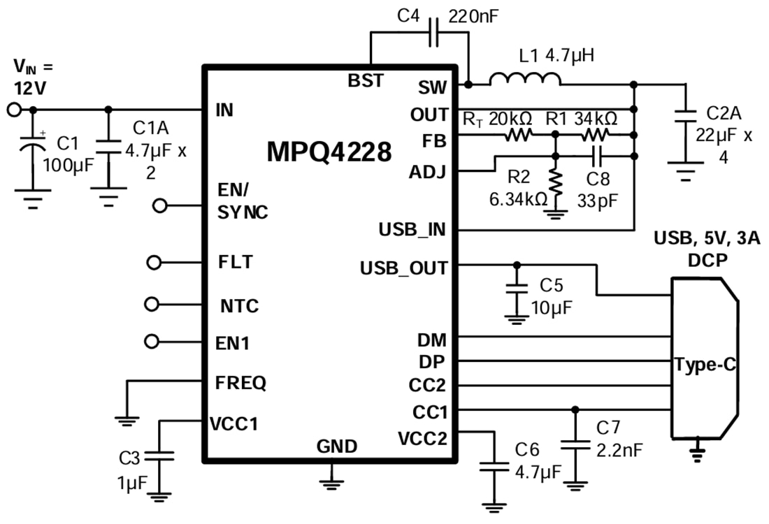 MPQ4228 Buck Converter with USB Charging Port - MPS | Mouser